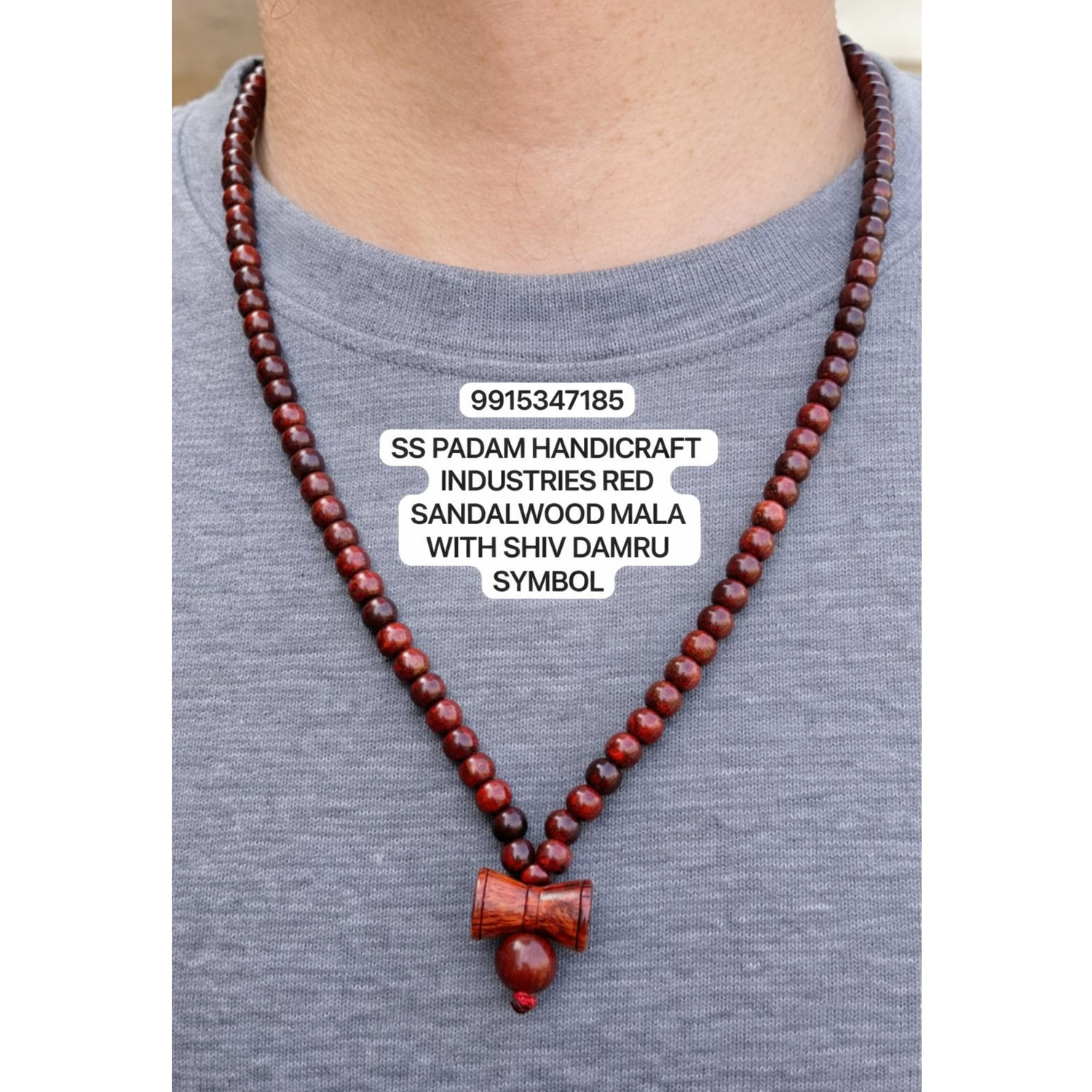 6mm Red Sandalwood (Lal Chandan) Shiv Damru Pendant Mala